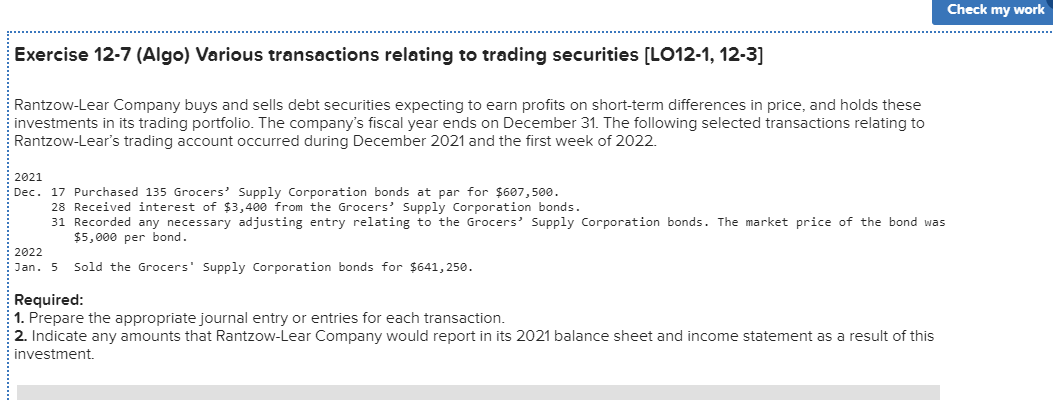 Solved Check my work Exercise 12-7 (Algo) Various | Chegg.com