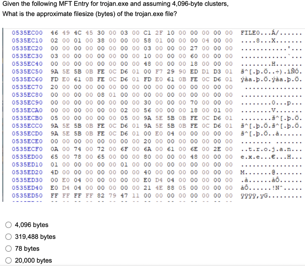 Solved Given the following MFT Entry for trojan.exe and | Chegg.com