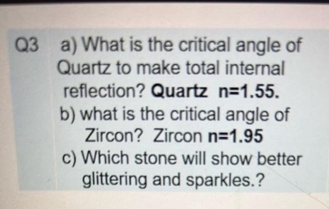 Solved a) What is the critical angle of Quartz to make total | Chegg.com