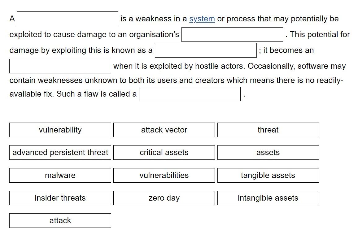 Solved A is a weakness in a system or process that may | Chegg.com