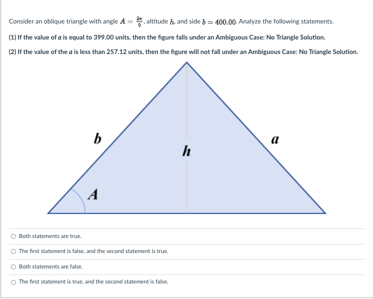 Solved Consider an oblique triangle with angle A = y, | Chegg.com