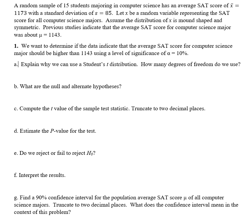 Solved A random sample of 15 students majoring in computer | Chegg.com