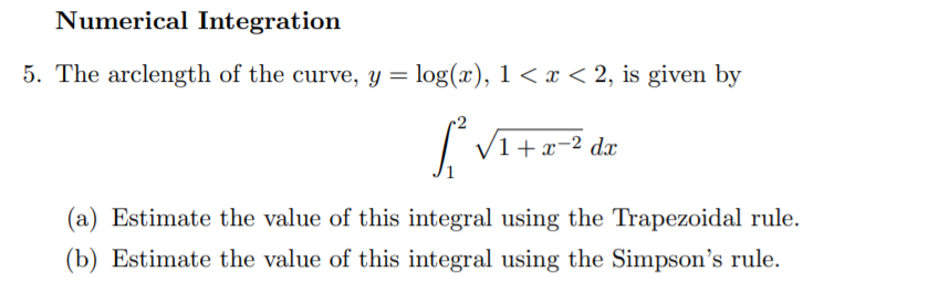Solved Numerical Integration 5. The arclength of the curve, | Chegg.com