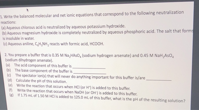 Solved 1. Write the balanced molecular and net ionic | Chegg.com