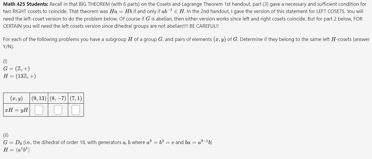 Solved Math 425 Students: Recall in that BIG THEOREM (with 6 | Chegg.com