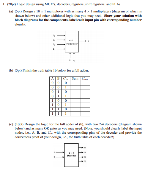 Solved 1. (20pt) Logic design using MUX's, decoders, | Chegg.com