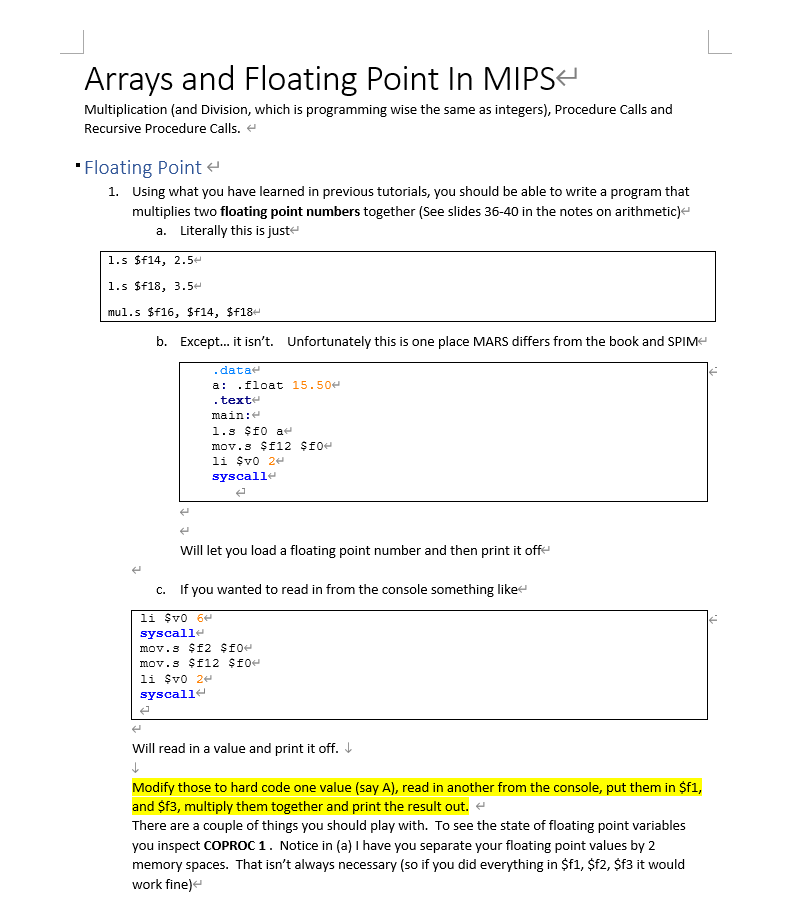 Solved Arrays and Floating Point In MIPSH Multiplication | Chegg.com