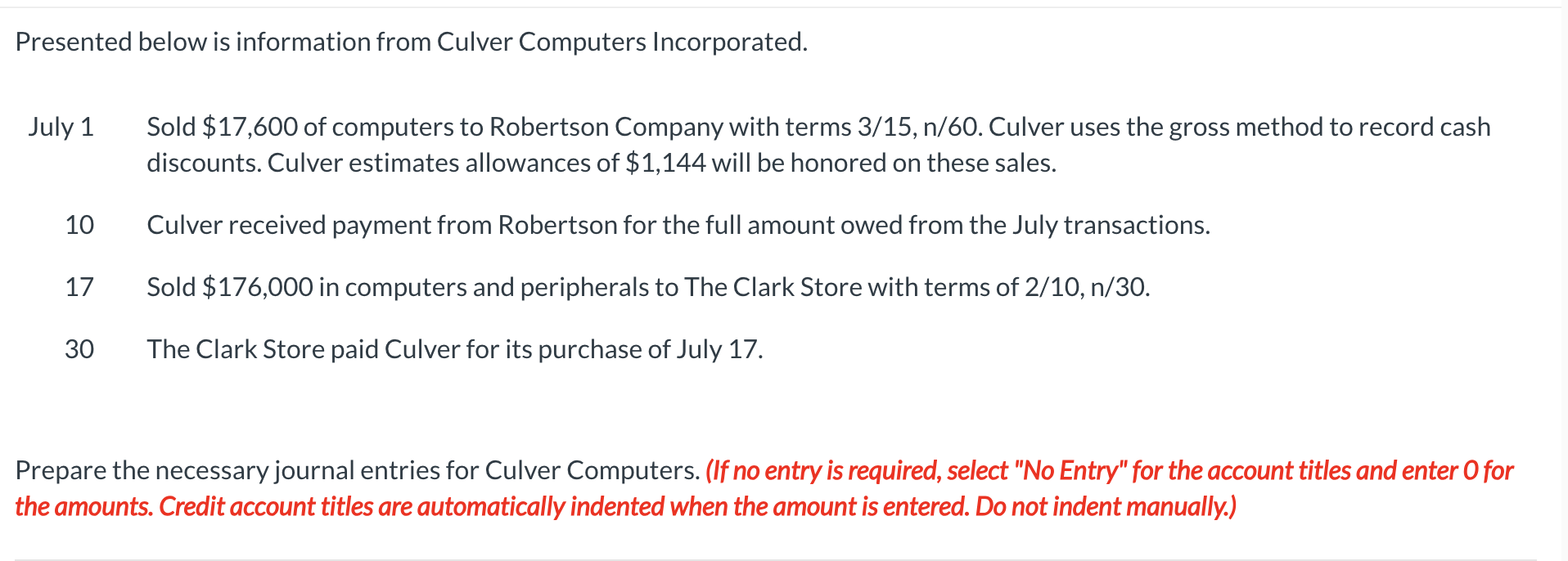Solved Prepare the necessary journal entries for Culver | Chegg.com