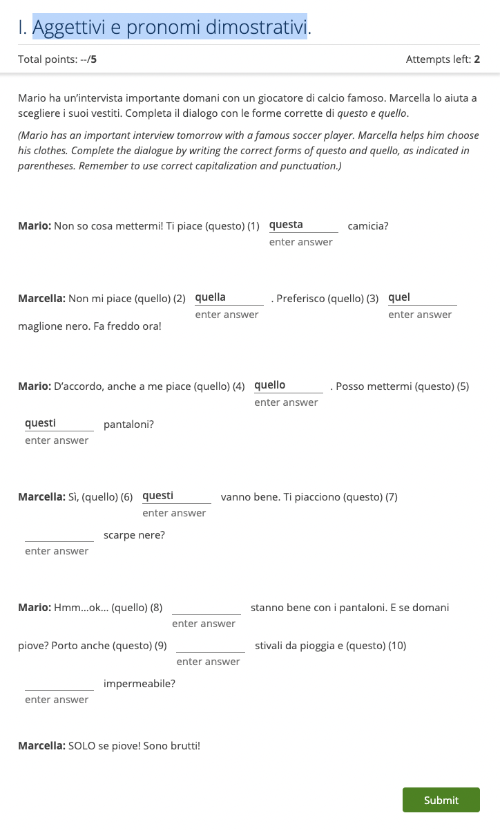 Solved Italian homework help. Can someone help me out here, | Chegg.com