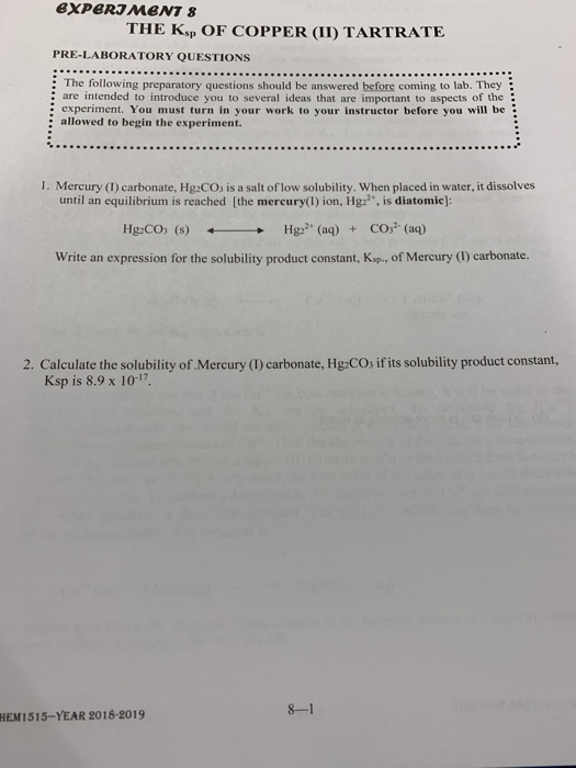 Solved THE Ksp OF COPPER (IID TARTRATE PRE-LABORATORY | Chegg.com