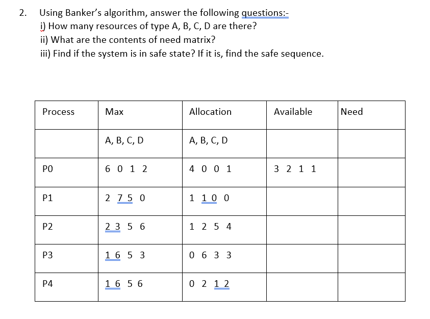 Solved 2. Using Banker's algorithm, answer the following | Chegg.com