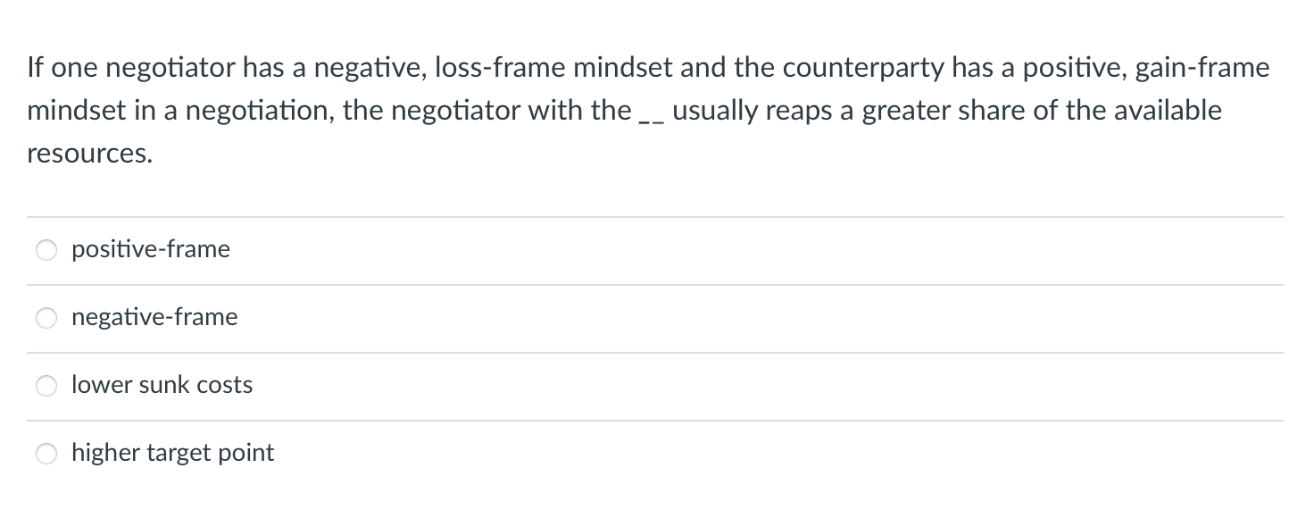 Solved If one negotiator has a negative, loss-frame mindset | Chegg.com