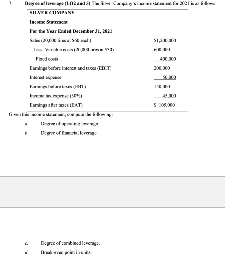 Solved c. Degree of combined leverage. d. Break-even point | Chegg.com