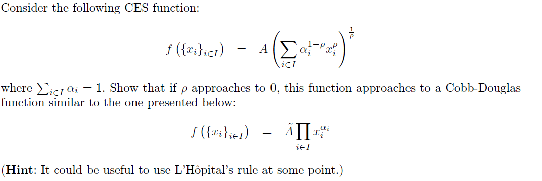 Solved Consider the following CES function: f ({xi}iel) | Chegg.com