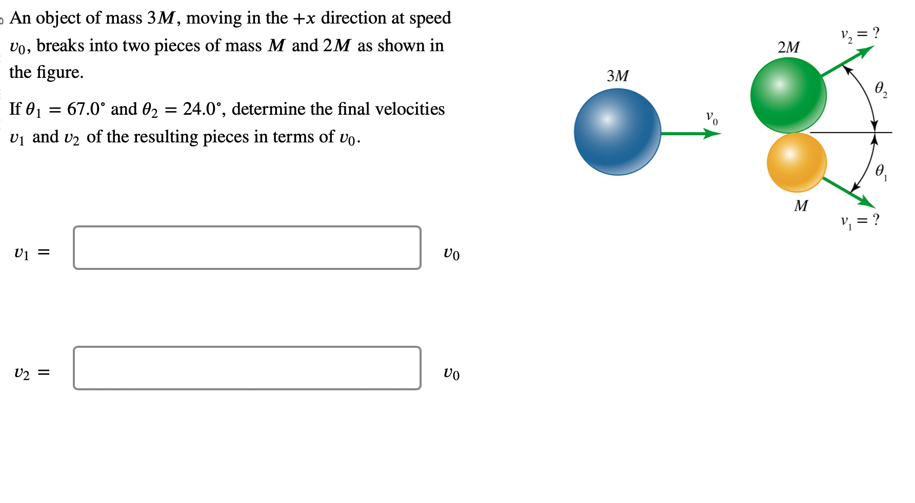 Solved An object of mass 3M, moving in the +x direction at | Chegg.com