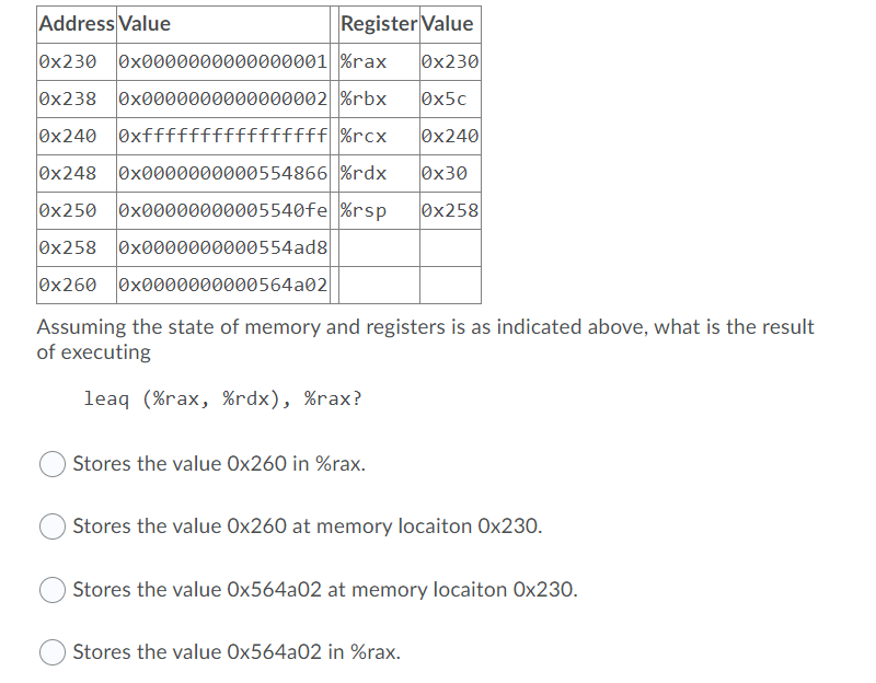 Solved Address Value Register Value |0x230 0x230 | Chegg.com