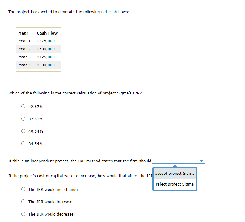 Solved The project is expected to generate the following net | Chegg.com