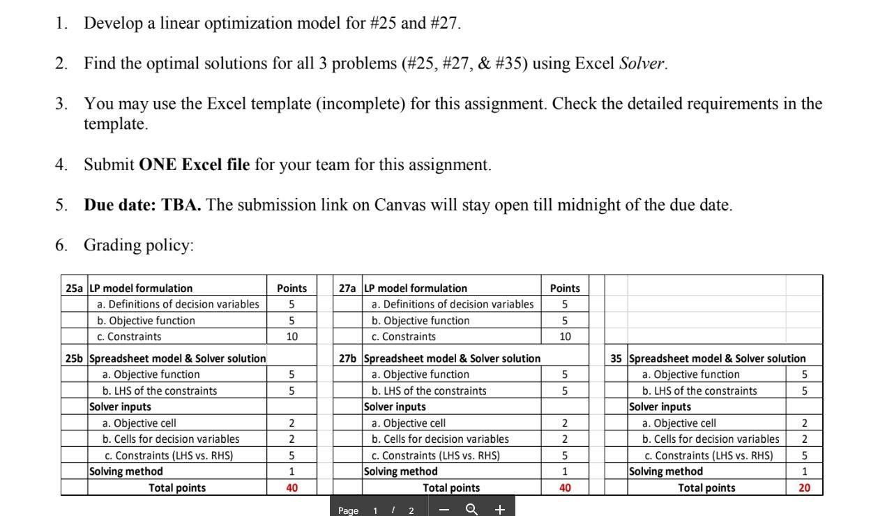Solved 1. Develop a linear optimization model for #25 and | Chegg.com