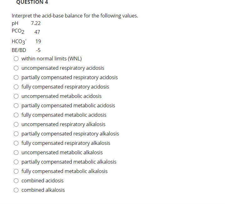 Solved QUESTION 3 19 Interpret the acid-base balance for the | Chegg.com