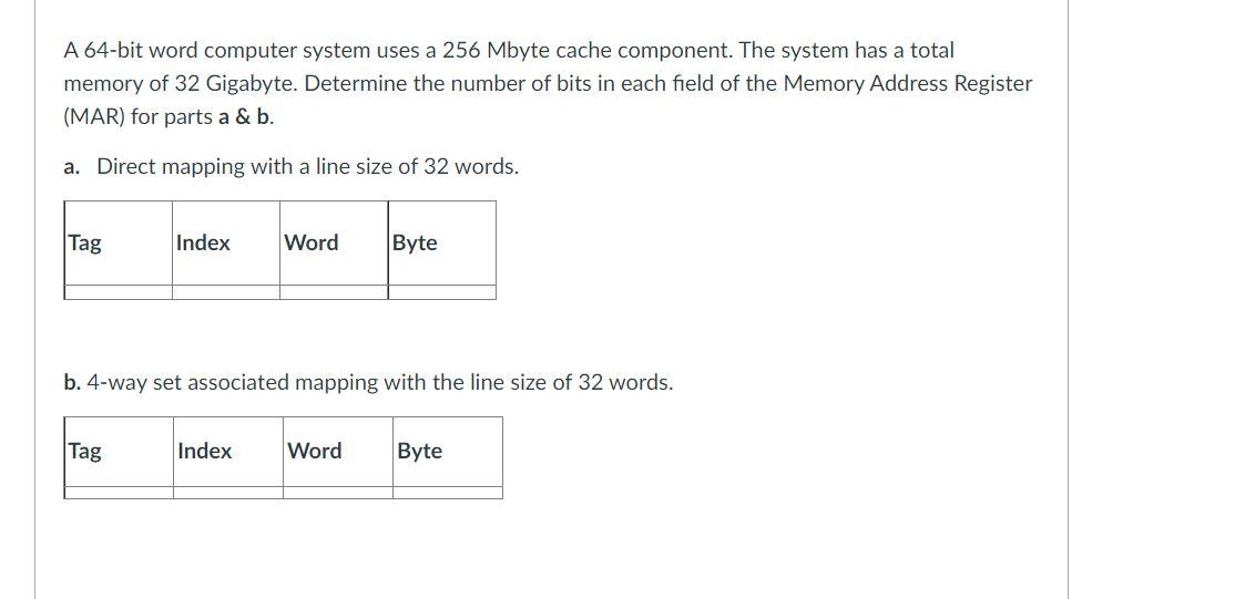 Solved A 64-bit word computer system uses a 256 Mbyte cache | Chegg.com