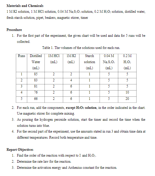 Materials and Chemicals 1 M KI solution, 1 M HCl | Chegg.com