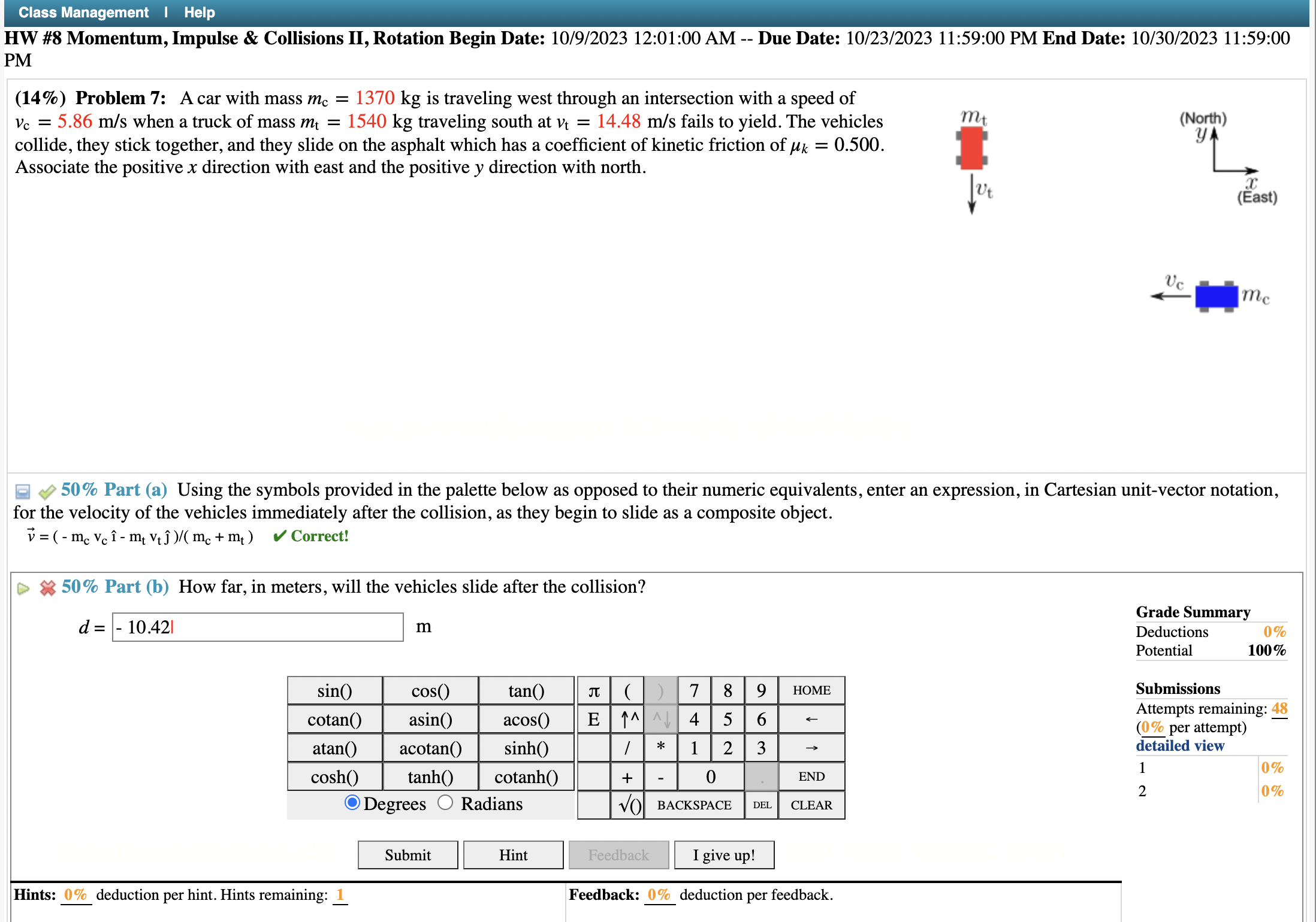 Solved (14\%) Problem 7: A car with mass mc=1370 kg is | Chegg.com