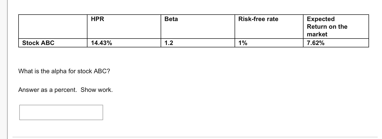 Solved What is the alpha for stock ABC? Answer as a percent. | Chegg.com