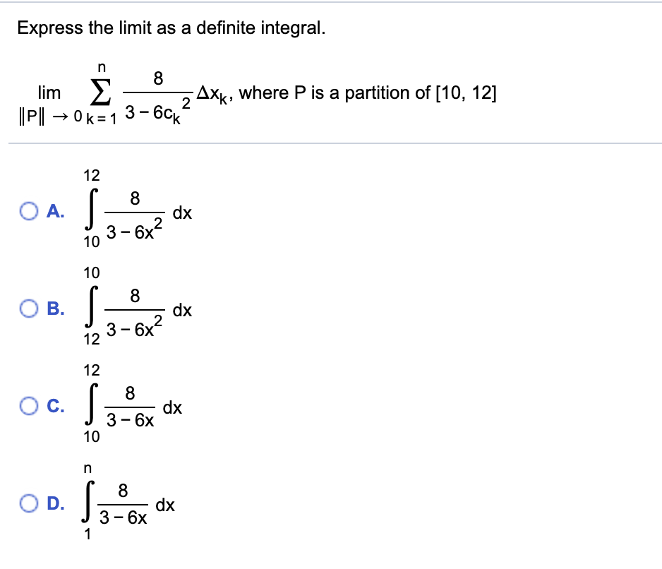 Solved Express the limit as a definite integral. lim 5 AXk, | Chegg.com