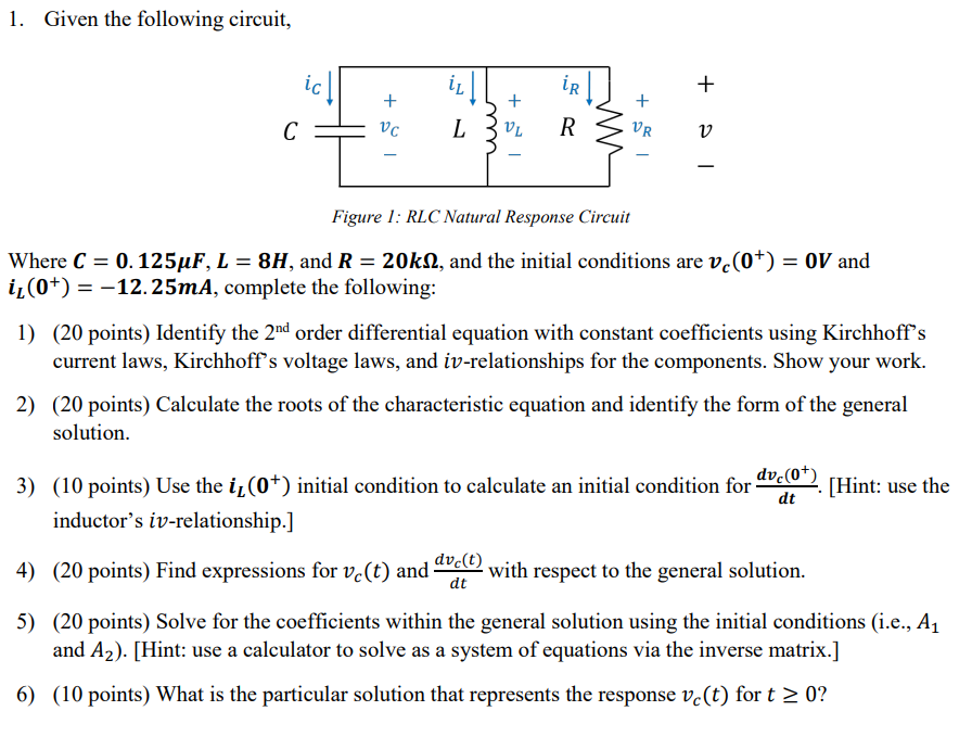 Solved 1. Given the following circuit, Figure 1: RLC Natural | Chegg.com