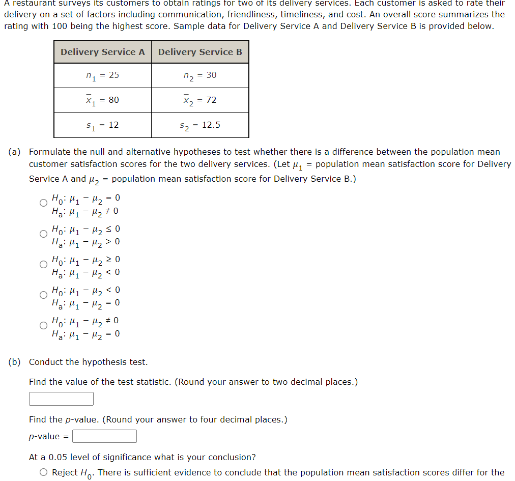 Solved A restaurant surveys its customers to obtain ratings | Chegg.com
