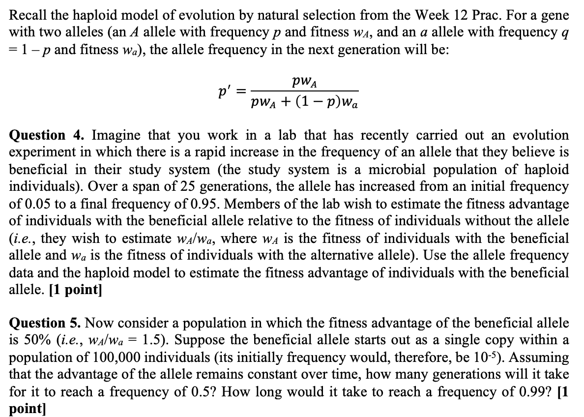 Recall the haploid model of evolution by natural | Chegg.com