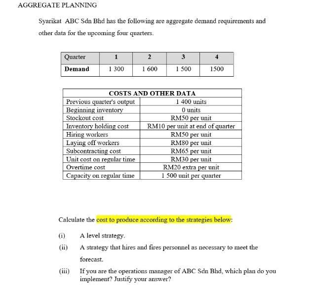 Solved AGGREGATE PLANNING Syarikat ABC Sdn Bhd has the | Chegg.com