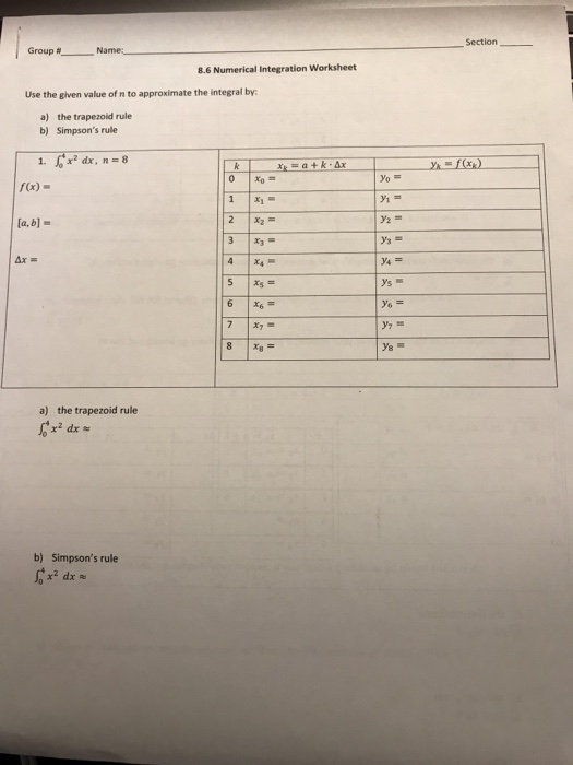 Solved Section Group # 8.5 Numerical Integration Worksheet | Chegg.com