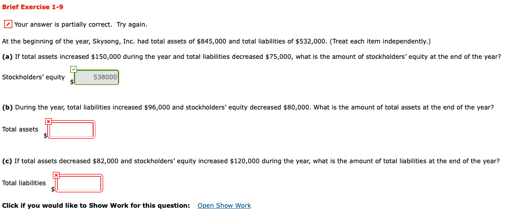 Solved Brief Exercise 1-9 Your answer is partially correct. | Chegg.com