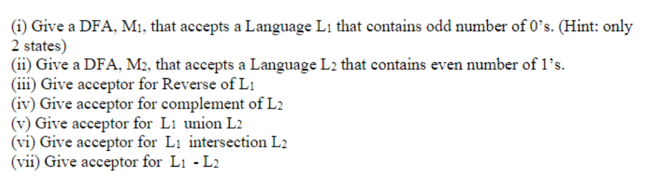 Solved (i) Give a DFA, M , that accepts a Language L1 that | Chegg.com