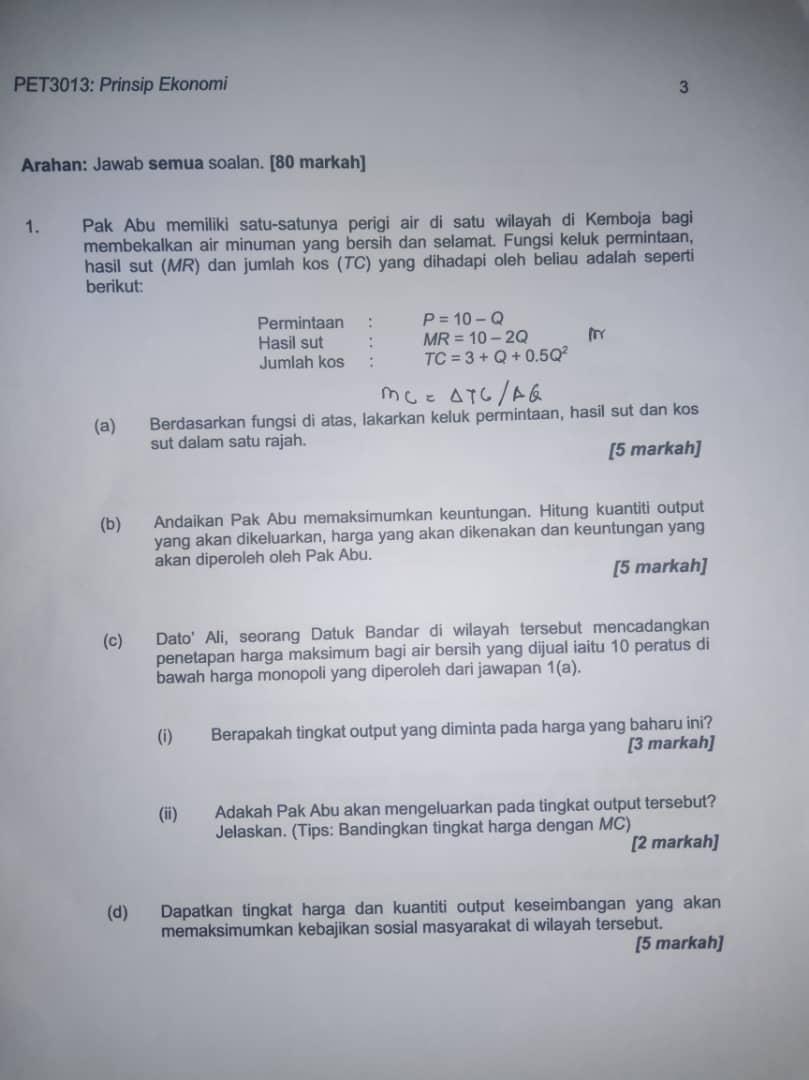 PET3013: Prinsip Ekonomi 3 Arahan: Jawab semua | Chegg.com