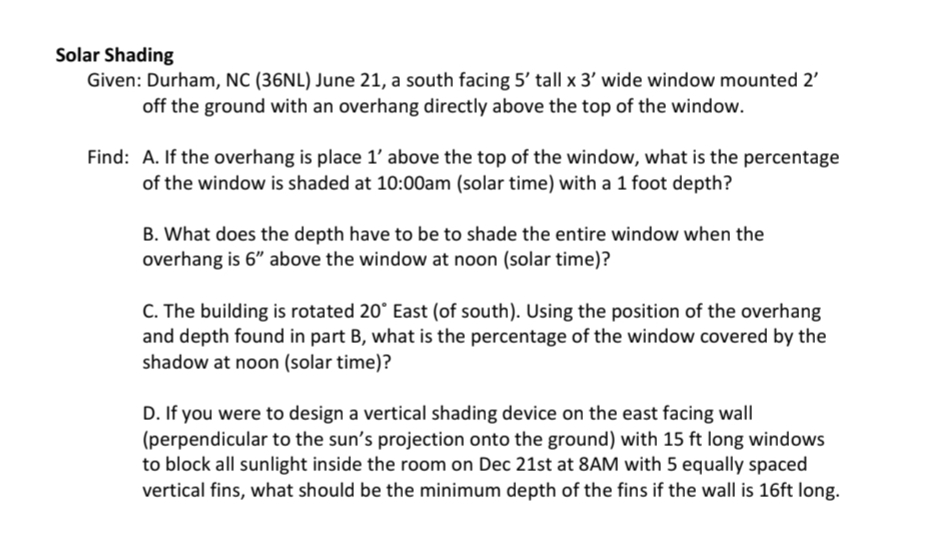 Solved Solar ShadingGiven: Durham, NC (36NL) ﻿June 21, ﻿a | Chegg.com