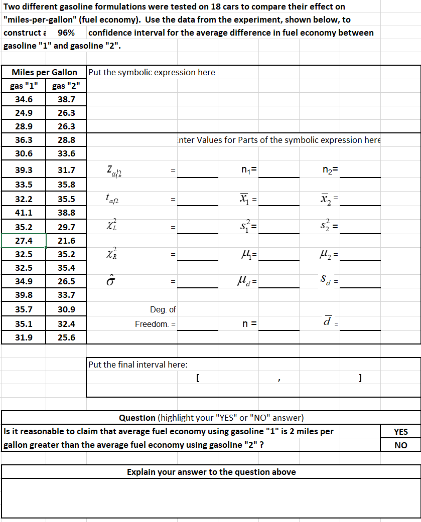 Solved Two different gasoline formulations were tested on 18 | Chegg.com