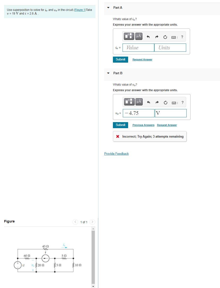 Solved Part A Use superposition to solve for io and vo in | Chegg.com