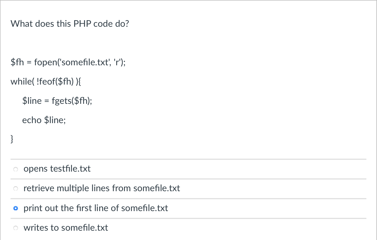 Solved What does this PHP code do? $fh = | Chegg.com