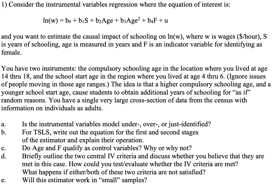 1) Consider the instrumental variables regression | Chegg.com