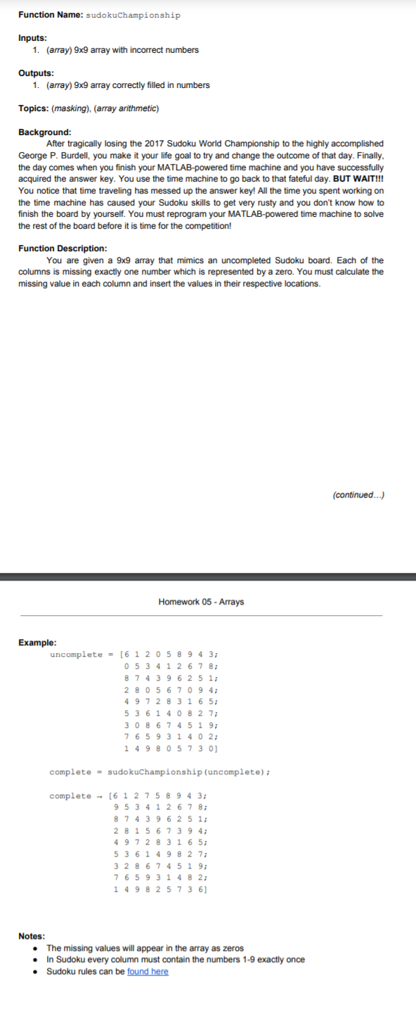 Solved Function Name: sudokuchampionship Inputs: 1. (array) | Chegg.com