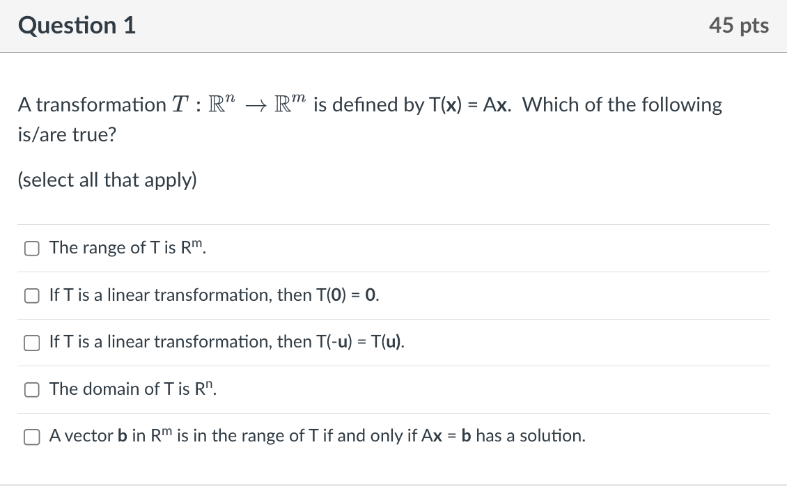 Solved A transformation T:Rn→Rm is defined by T(x)= Ax. | Chegg.com