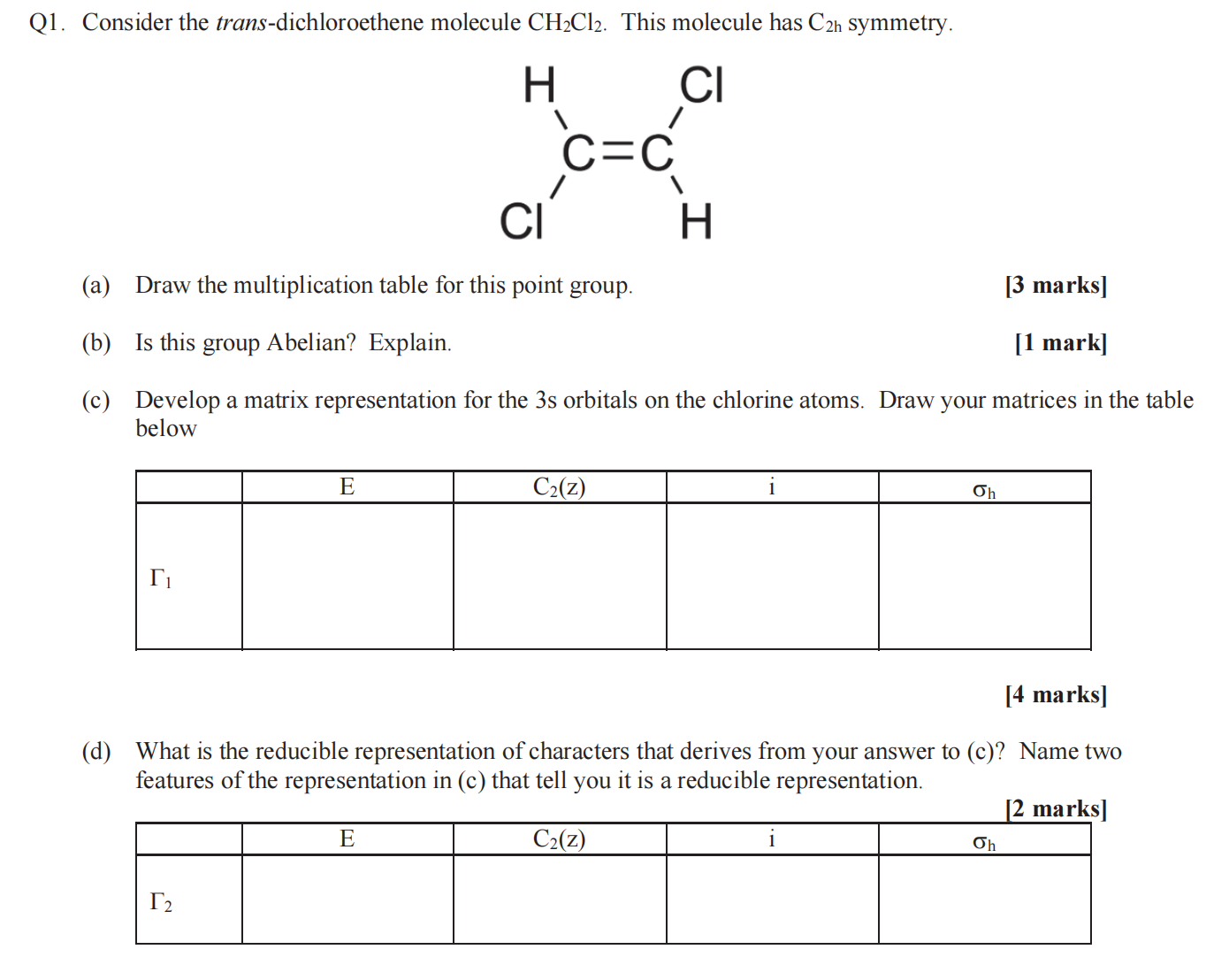 Solved 1. Consider the trans-dichloroethene molecule CH2Cl2. | Chegg.com