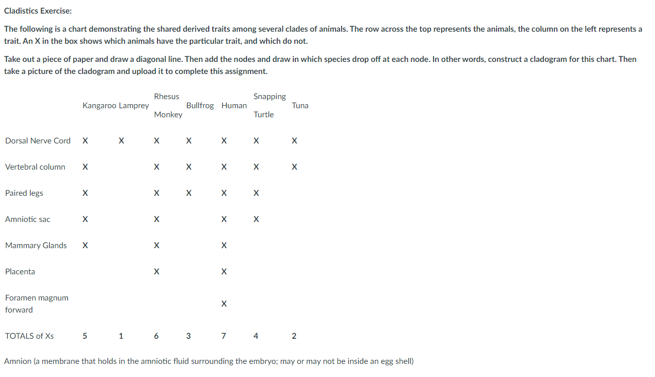 Solved Cladistics Exercise: The following is a chart | Chegg.com