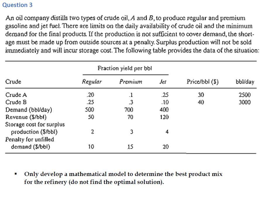 Solved Question 3 An oil company distills two types of crude | Chegg.com