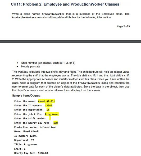 Solved CH11: Problem 2: Employee and Production Worker | Chegg.com