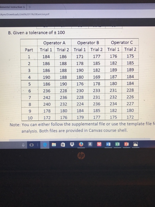 Solved Conduct a variable gage study, using the Average and | Chegg.com