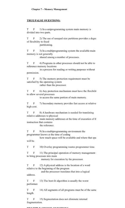 Solved Chapter 7-Memory Management LESIONS: T F 1) In a | Chegg.com