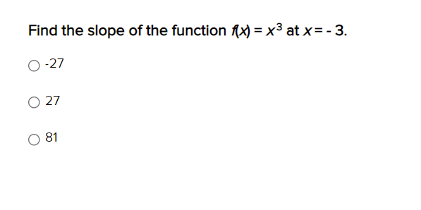 Solved Find the slope of the function fx) = x3 at x=-3. -27 | Chegg.com